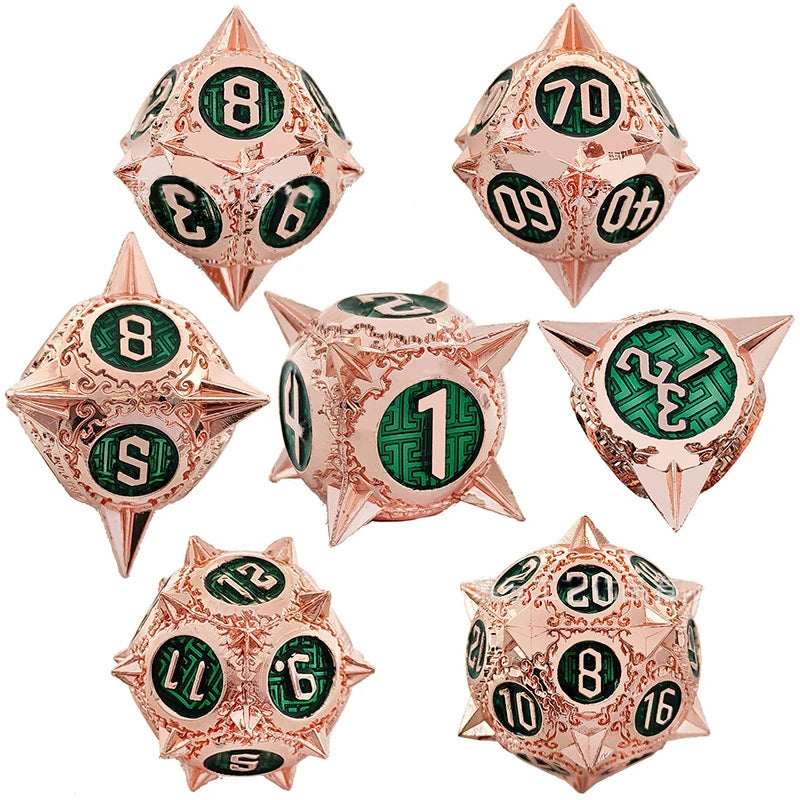 Metal D20 Polyhedral 7 Piece Dice Set - Flail - Golden Green For D&D ...